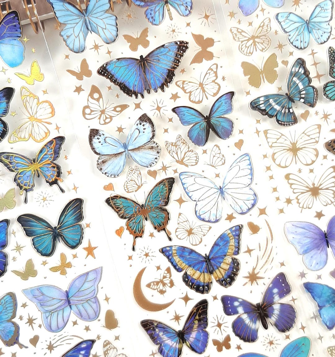 Blue Butterfly Sticker Sheets, Gold Embossed Butterfly Stickers ...