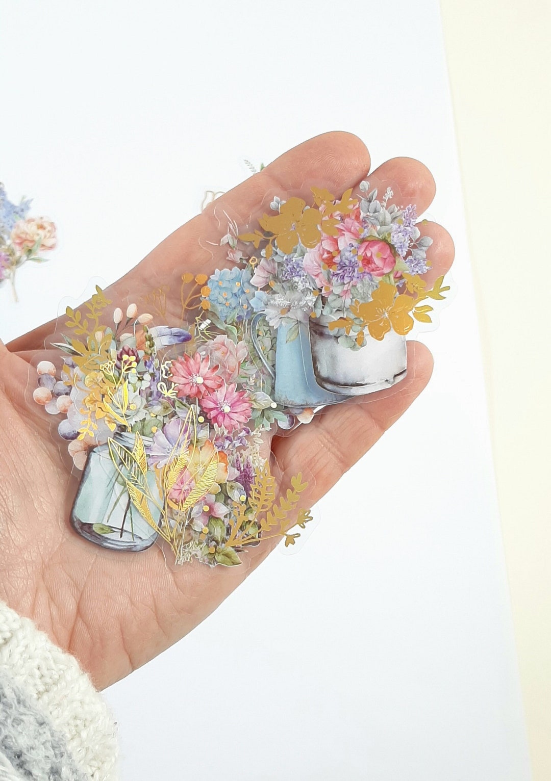 Floral Sticker Set, Gold Embossed Pink and Purple Flower Stickers ...