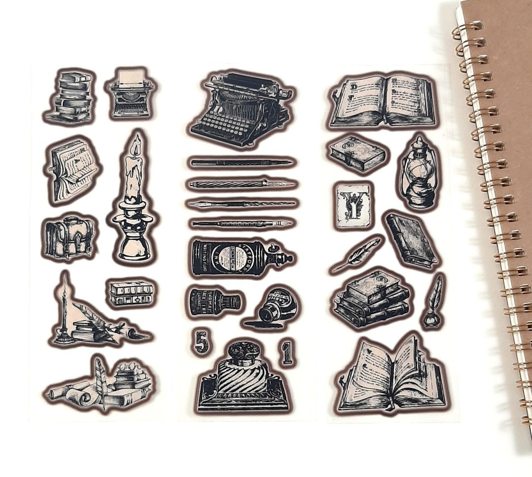 Vintage Study Stickers, Black and White Book Sticker Sheets, Dark ...