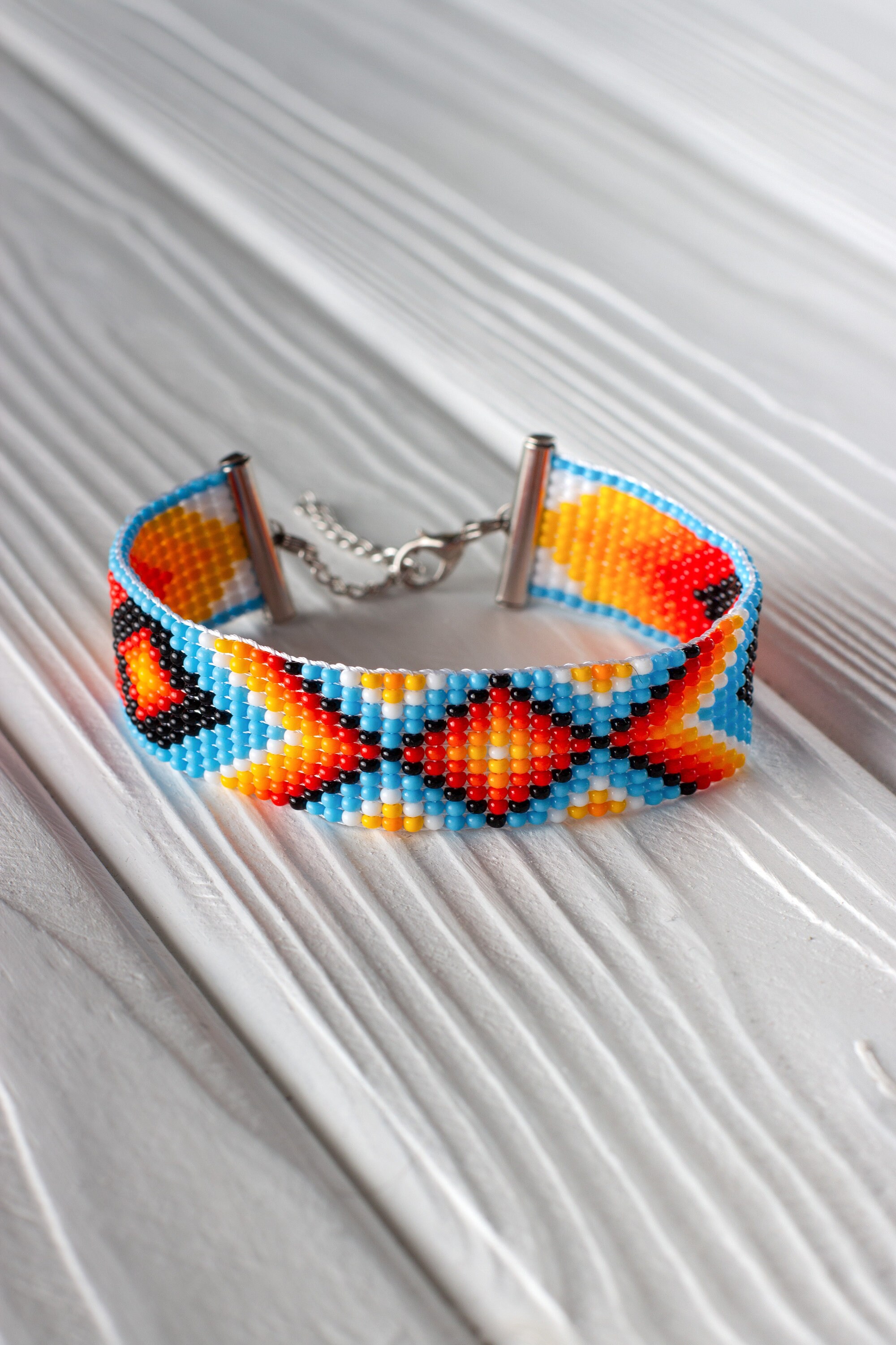 Two Feather Loom Bead Bracelet Southwest Pattern, Native Inspired Style, Turquoise Blue Feather ...