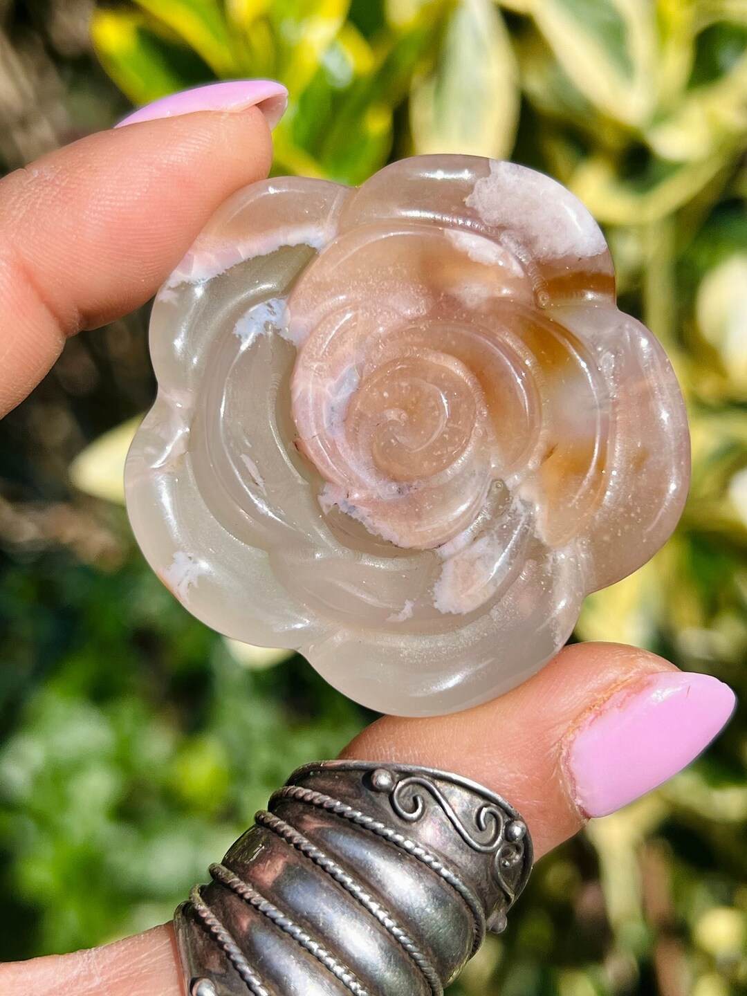 Gorgeous Hand Carved Flower Agate Crystal Rose / Reiki Energy Blessed ...