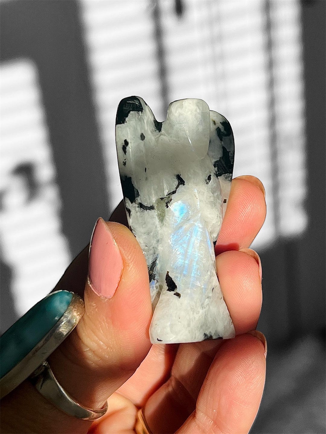 Blue Flash Moonstone Angel 50mm | Hand Carved Crystal Guardian Figurine ...