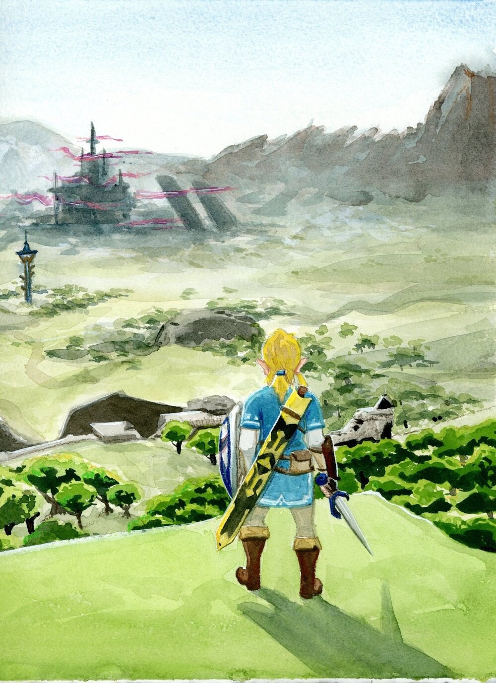 BOTW Fan Art Watercolor Print. / Link on the Plateau Painting/ - Etsy