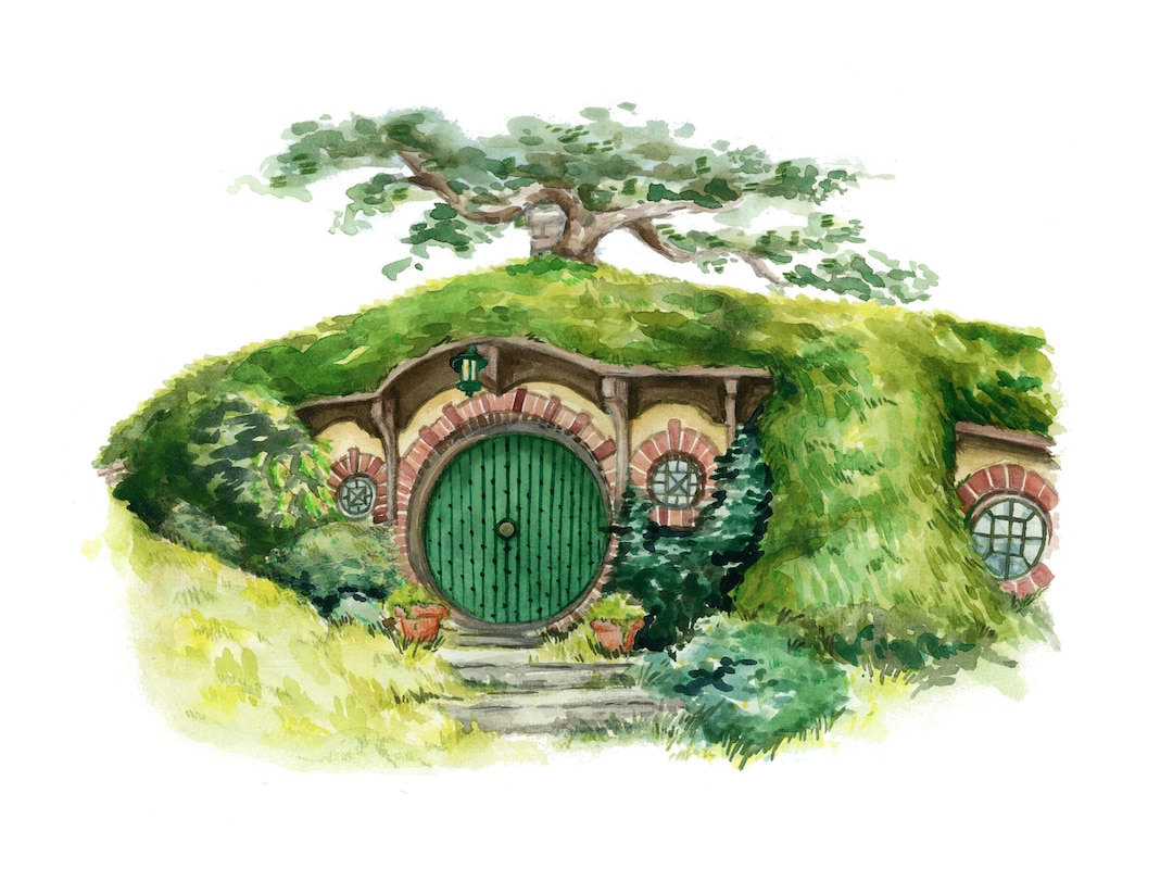 Watercolor Print. / Hobbit House, Bag End Painting/ Frodo and Bilbo ...