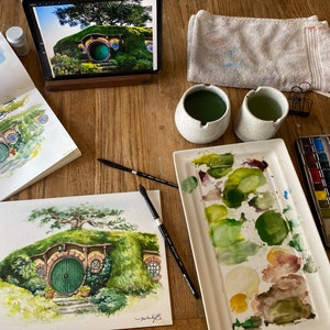 Watercolor Print. / Hobbit House, Bag End Painting/ Frodo and Bilbo ...