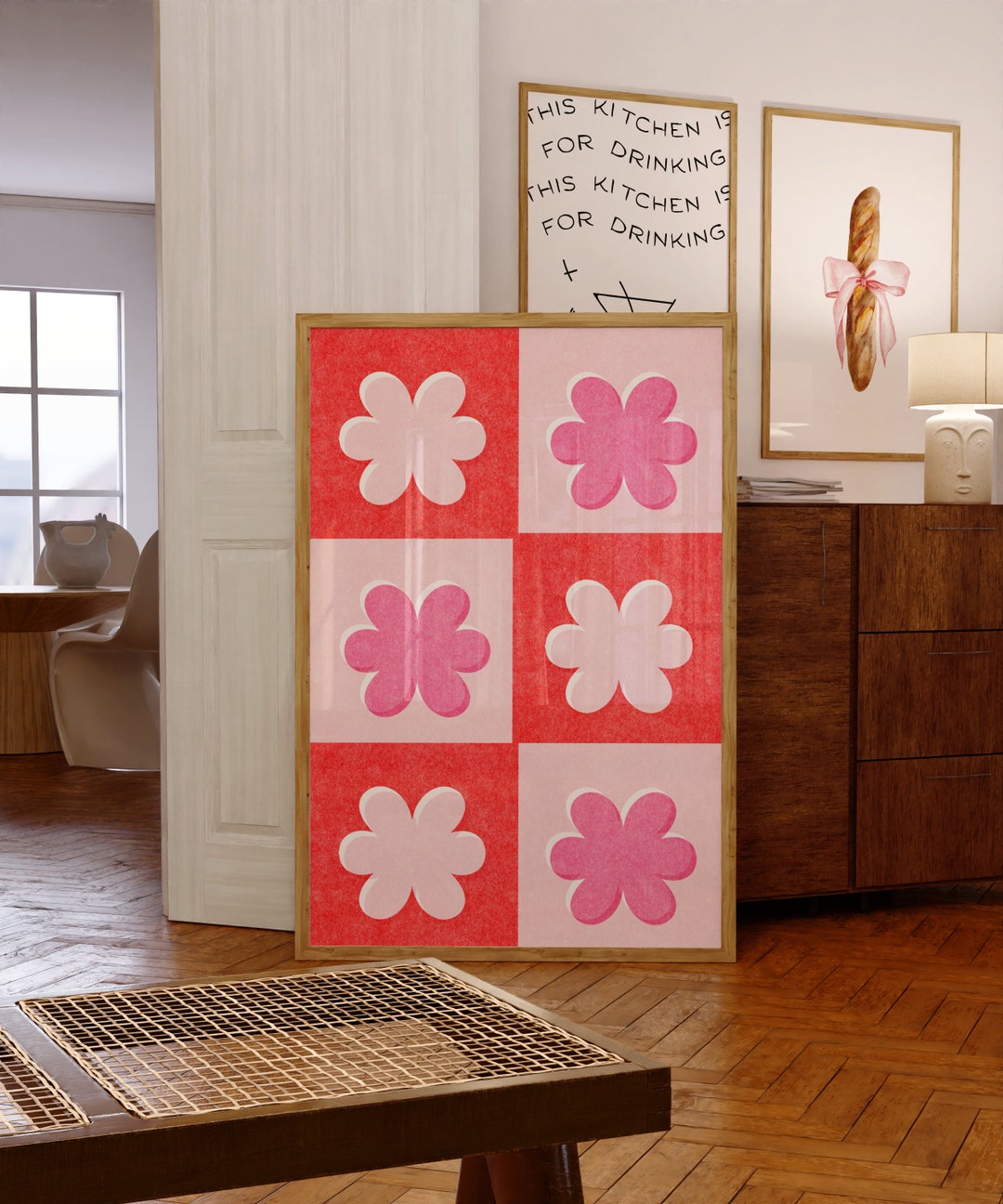 Pink&red Colorblock Checkered Flowers Digital Wall Art/poster - Etsy