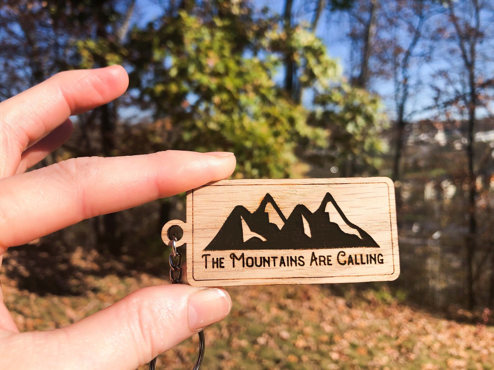 The Mountains Are Calling Keychain Wood Mountain Keyring Hiking Lovers ...