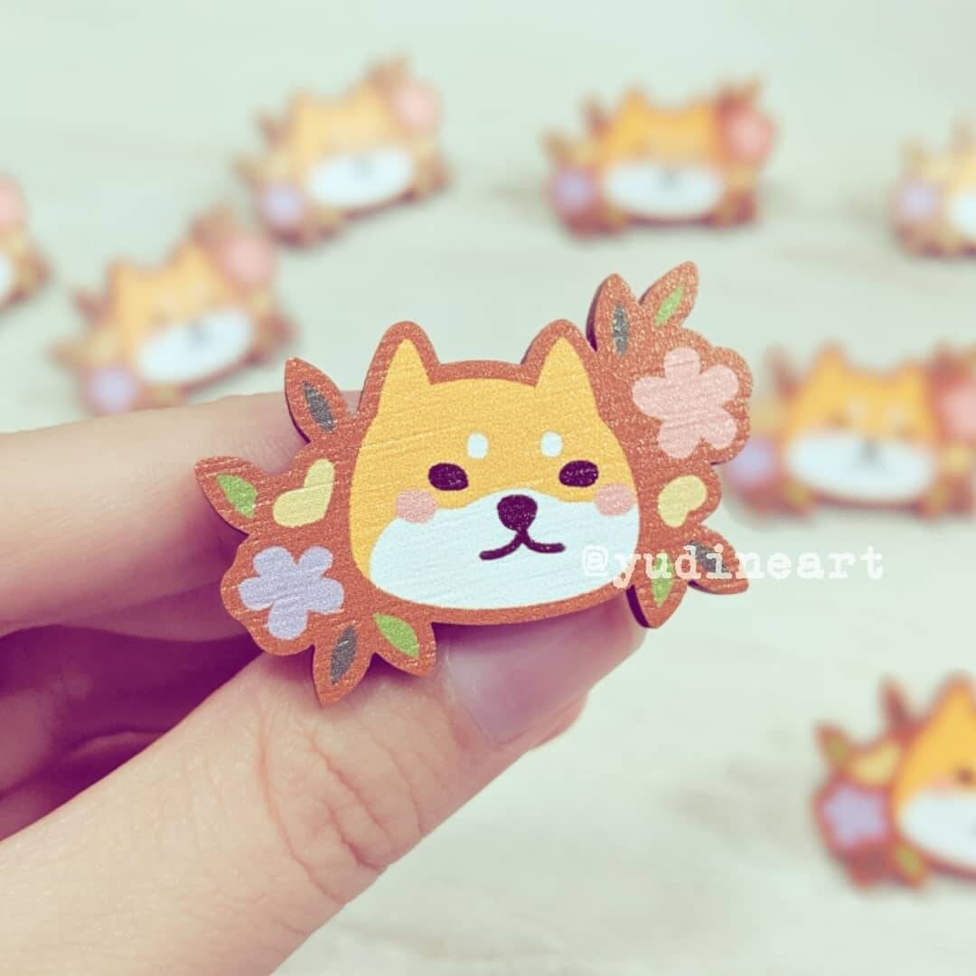Floral Doge Pin Cute Shiba Inu Wooden Pin - Etsy