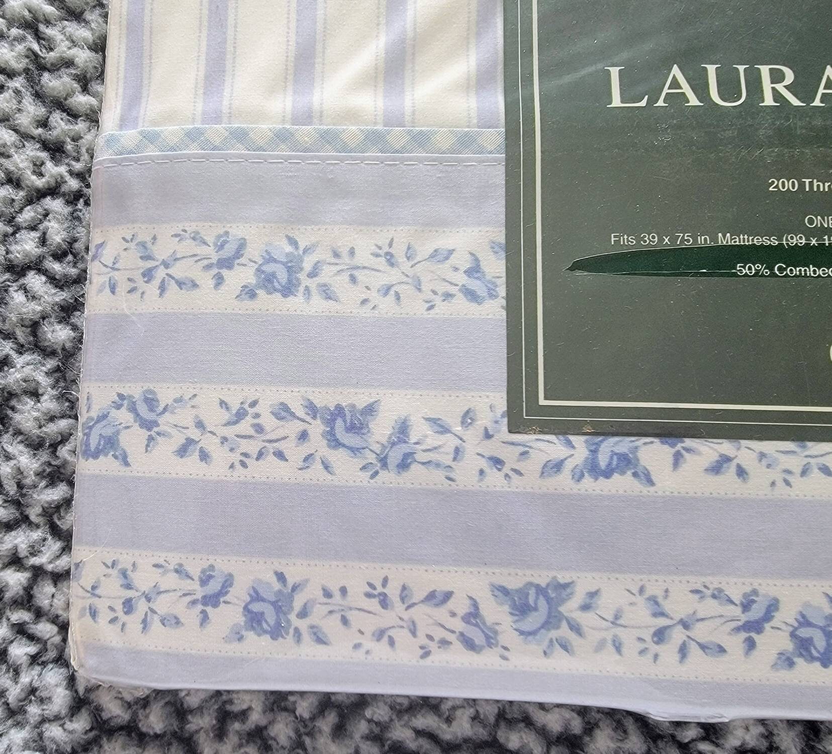 NOS Vintage Laura Ashley Flat Sheet W/blue and White Stripes & Floral ...