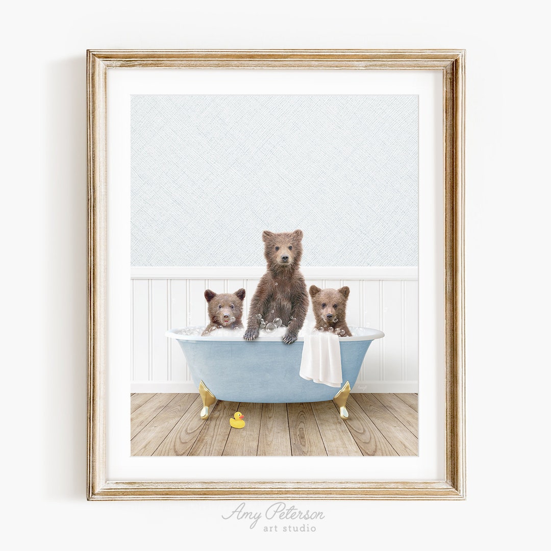 Three Bear Cubs in a Vintage Bathtub, Cottage Blue Bath Style, Cubs in ...