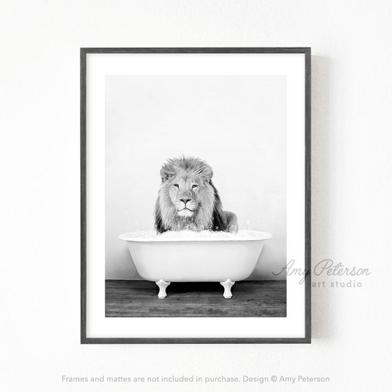 Lion in a Vintage Bathtub Rustic Bath Style in Black and - Etsy