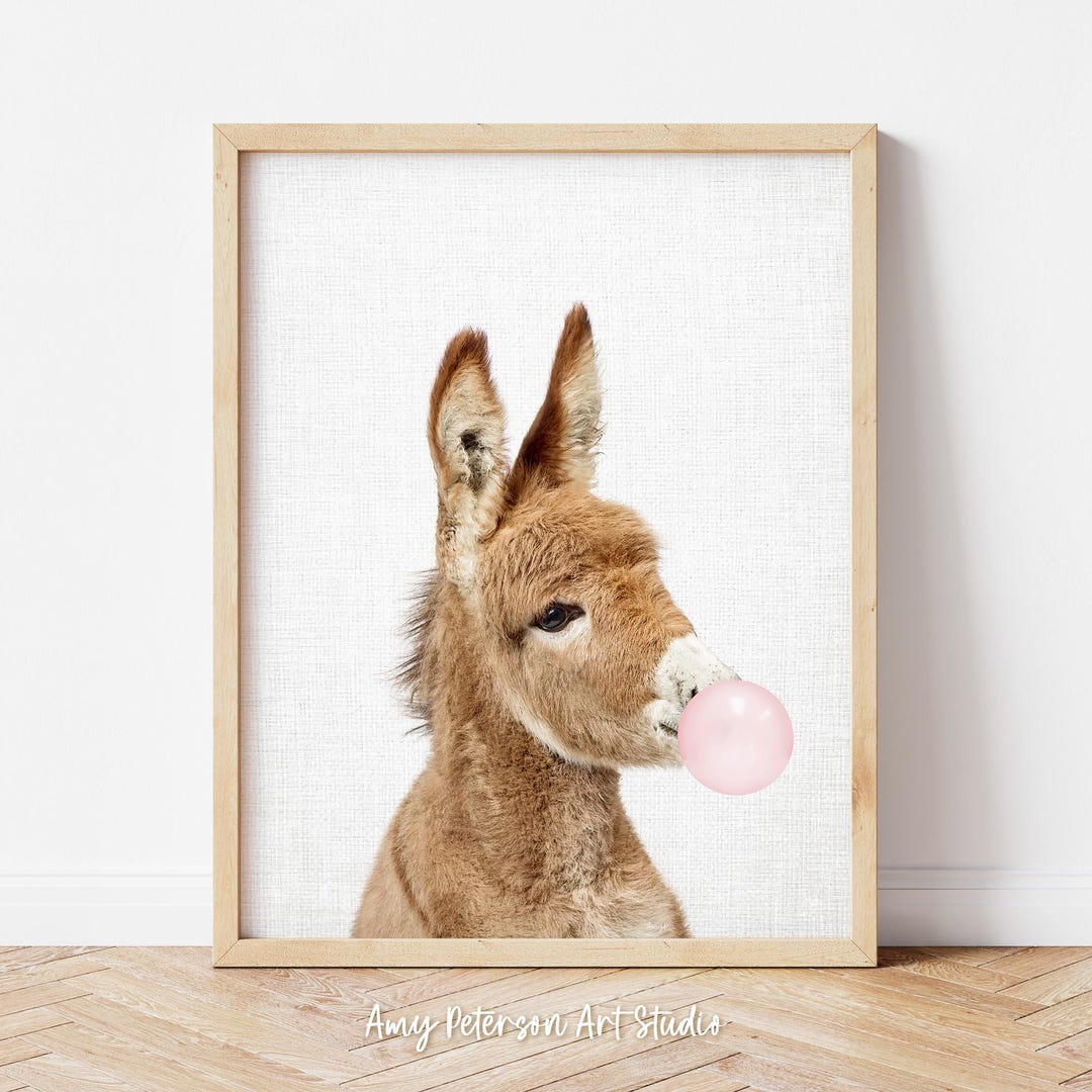 Baby Donkey Blowing Bubble Gum, Donkey Farm Animal Art, Animal Nursery ...