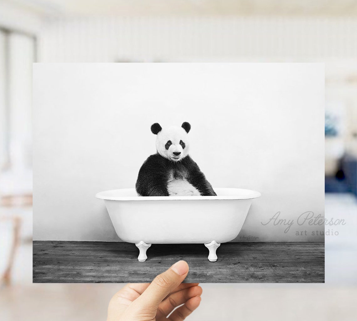 Panda in a Vintage Bathtub Rustic Bath Style in Black and | Etsy