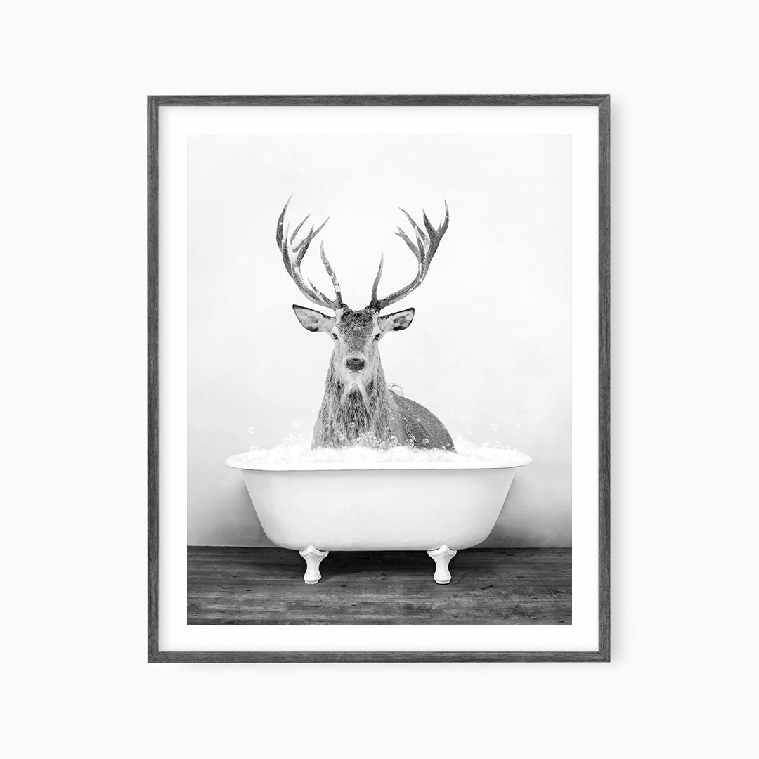 Deer in a Vintage Bathtub Rustic Bath Style in Black and - Etsy
