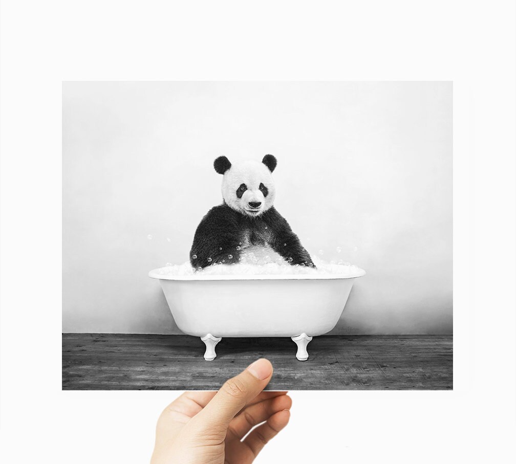 Panda in a Vintage Bathtub Rustic Bath Style in Black and - Etsy