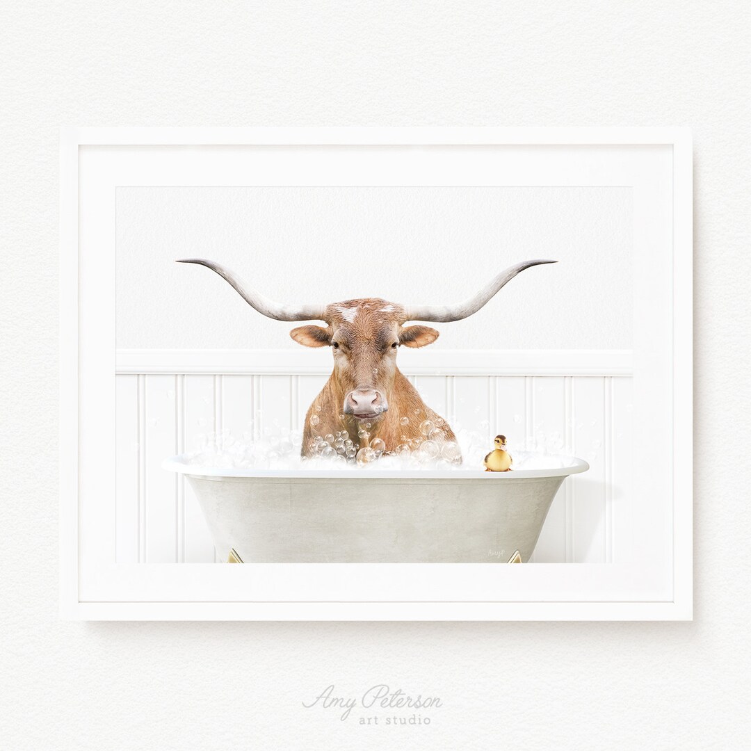 Longhorn Cow in a Vintage Bubble Bath Neutral Bath Style - Etsy Hong Kong