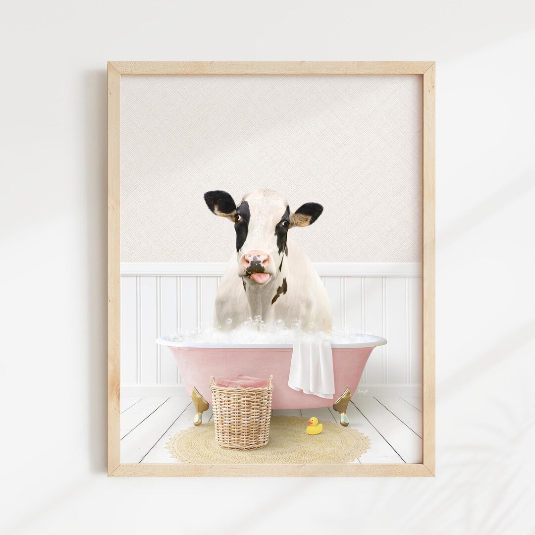 Holstein Cow in a Vintage Bathtub, Cottage Pink Bath Style, Cow in Tub ...