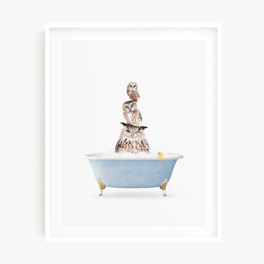 Stacked Owls in Simple Tub Kids Animal Bathroom Art Print - Etsy