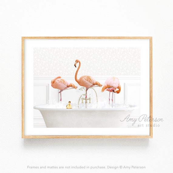 Flamingos in a Vintage Bubble Bath Neutral Bath Style | Etsy