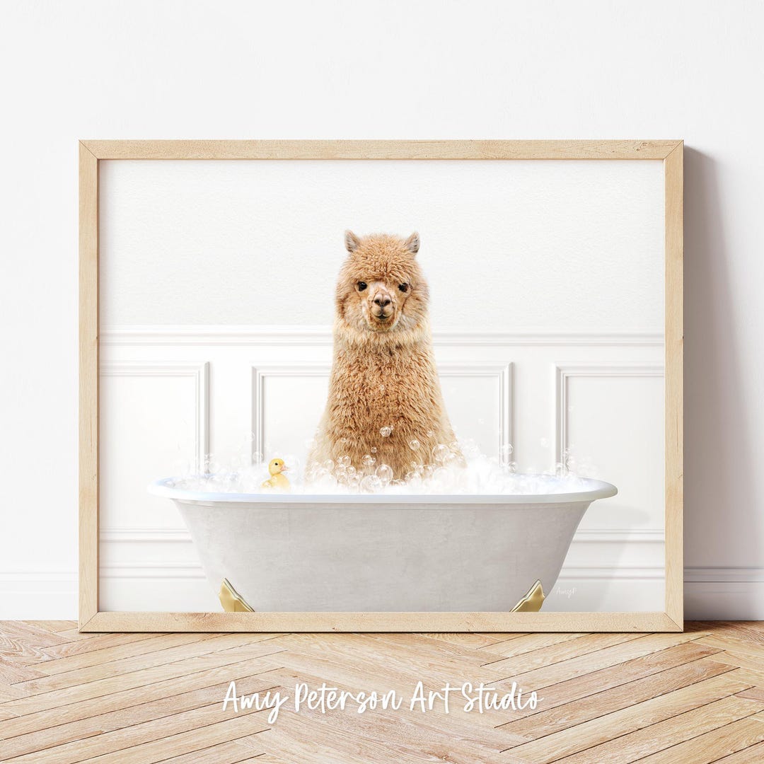 Baby Alpaca in a Vintage Bubble Bath, Bathroom Wall Art, Bathtub Animal ...