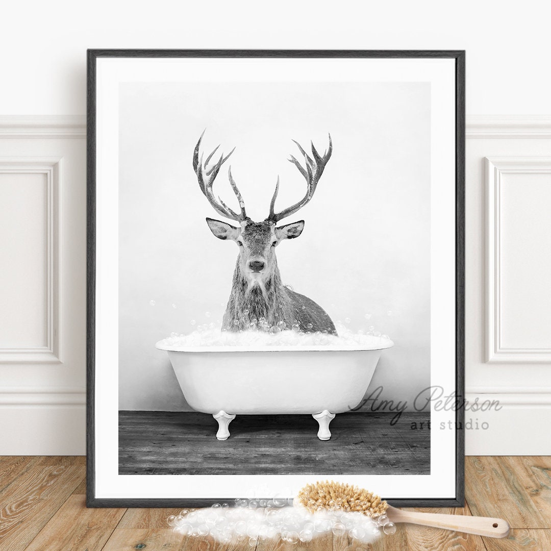 Deer in a Vintage Bathtub, Rustic Bath Style in Black and White, Deer ...
