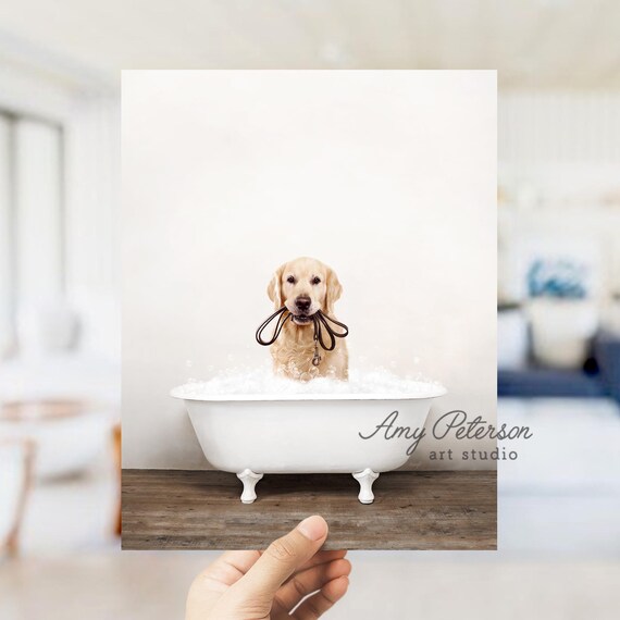 Golden Retriever in a Vintage Bathtub Dog Taking Bath Dog Art Bathroom Wall Art Animal Art by Amy Peterson Etsy UK