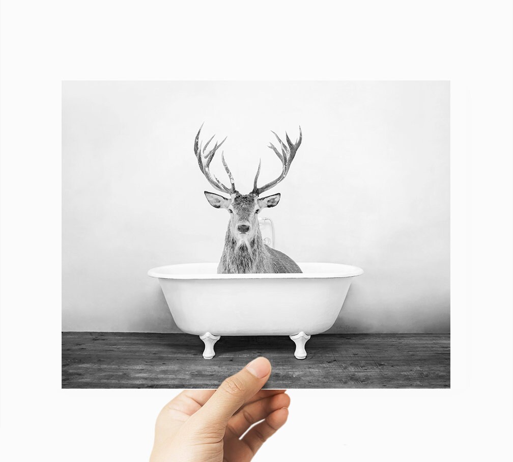 Deer in a Vintage Bathtub Rustic Bath Style in Black and - Etsy