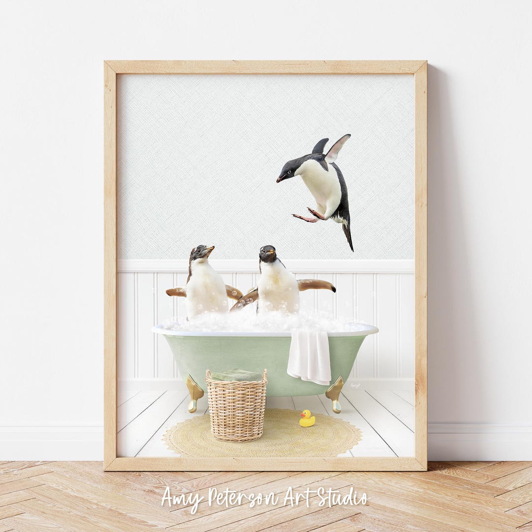 Penguins in a Vintage Bathtub, Cottage Green Bath, Penguin in Tub ...