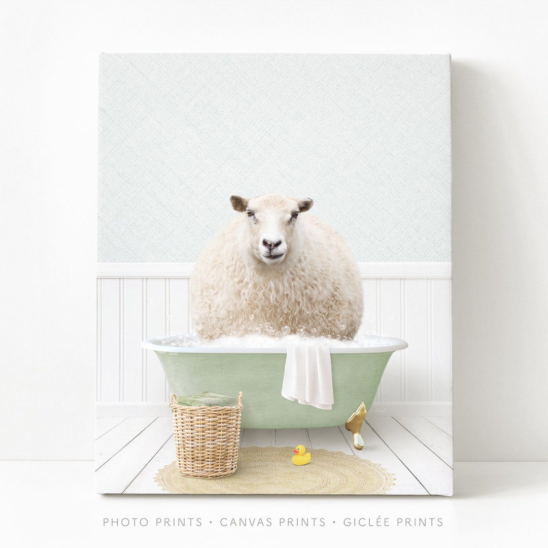 Sheep in a Vintage Bathtub, Cottage Green Bath, Sheep in Tub, Bathroom ...