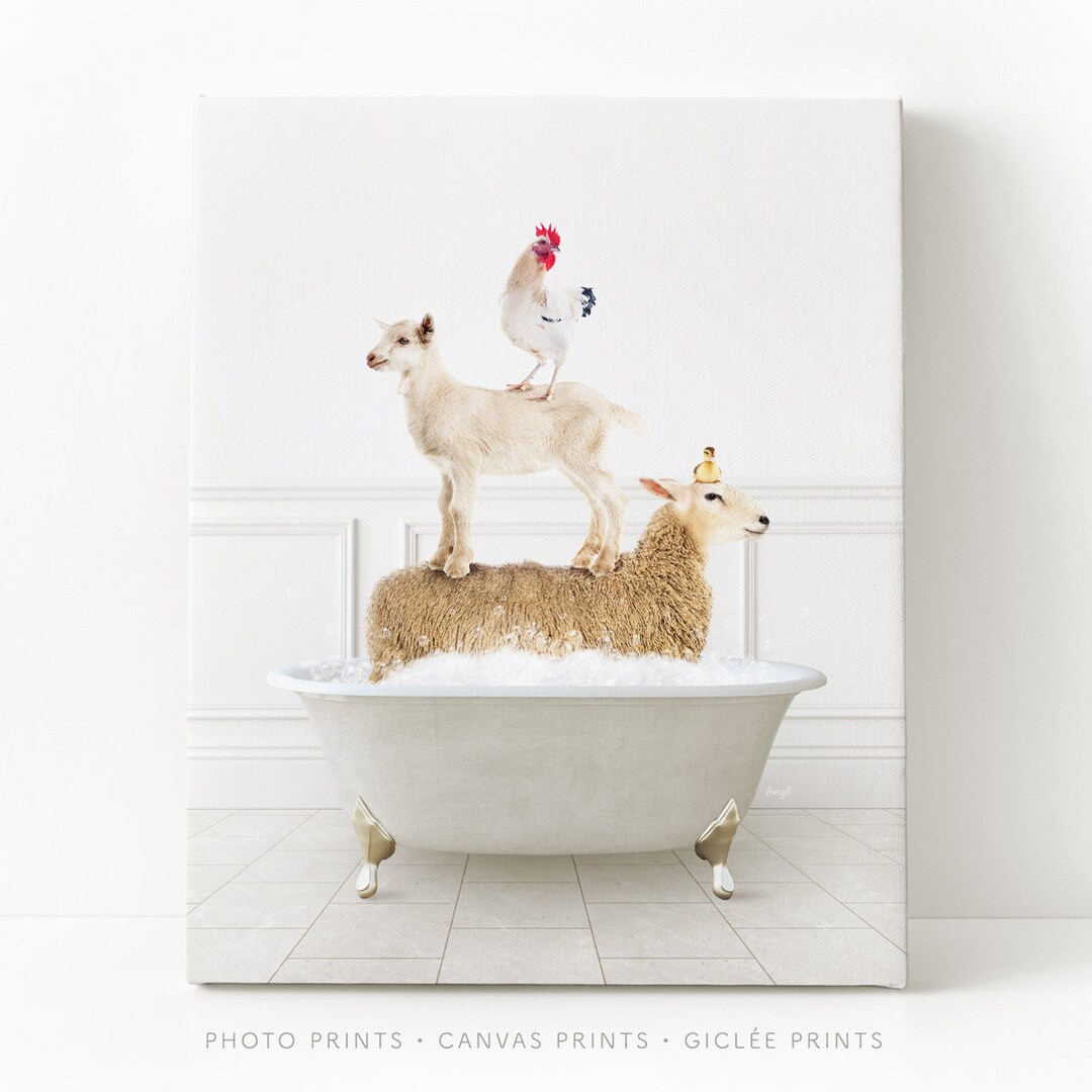 Farm Animals in a Vintage Bathtub, Gray Neutral Style, Stacked Farm ...