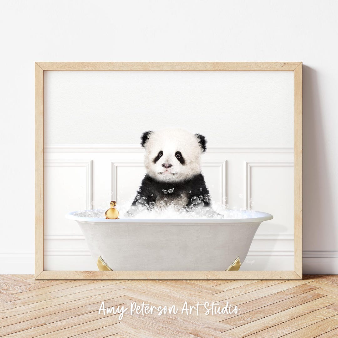 Baby Panda in a Vintage Bubble Bath, Baby Bathroom Wall Art, Bathtub ...