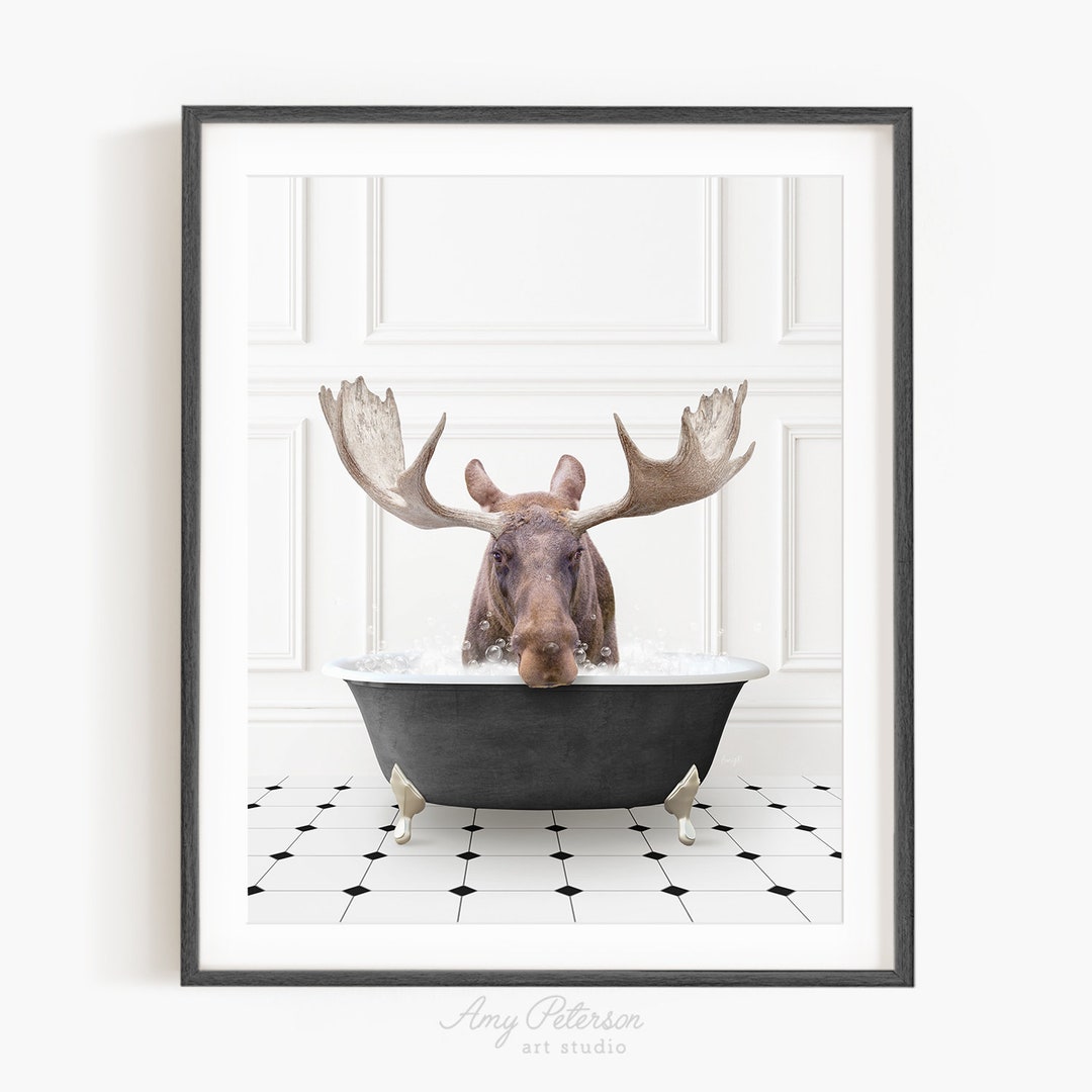 Moose With Rubber Ducky in a Vintage Bathtub Classic BW - Etsy
