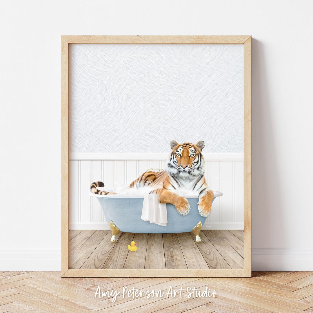 Bengal Tiger in a Vintage Bathtub, Cottage Blue Bath Style, Tiger in ...