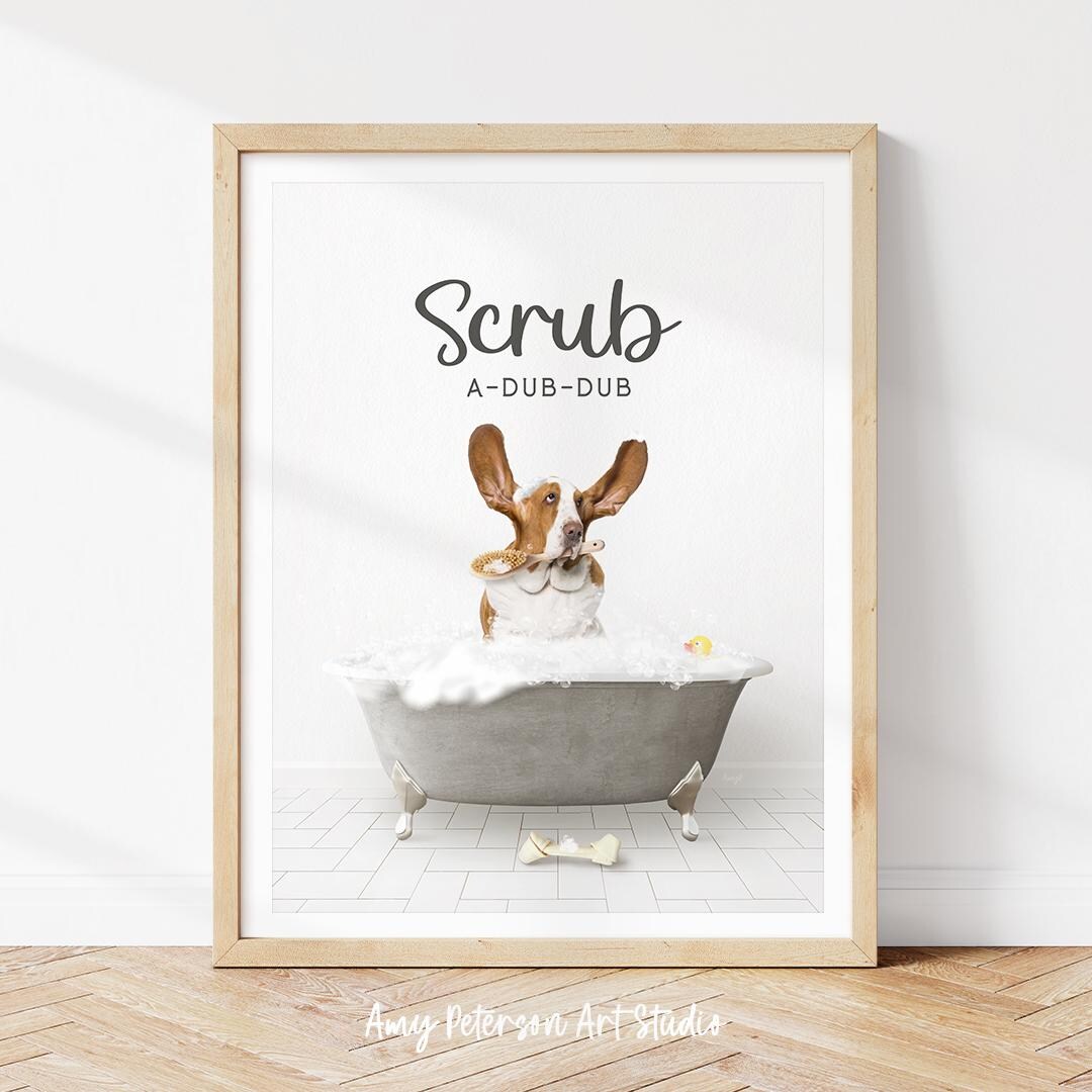 Basset Hound Dog Scrub A-dub-dub Simple Gray, Dog Taking Bath, Dog Art ...
