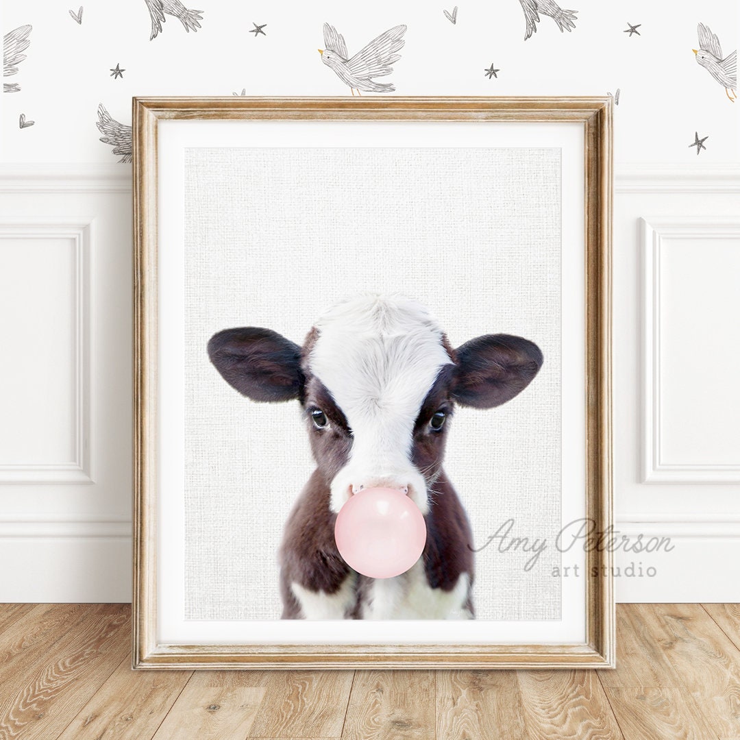 Baby Cow Blowing Bubble Gum, Cow Farm Animal Art, Farm Animal Nursery ...