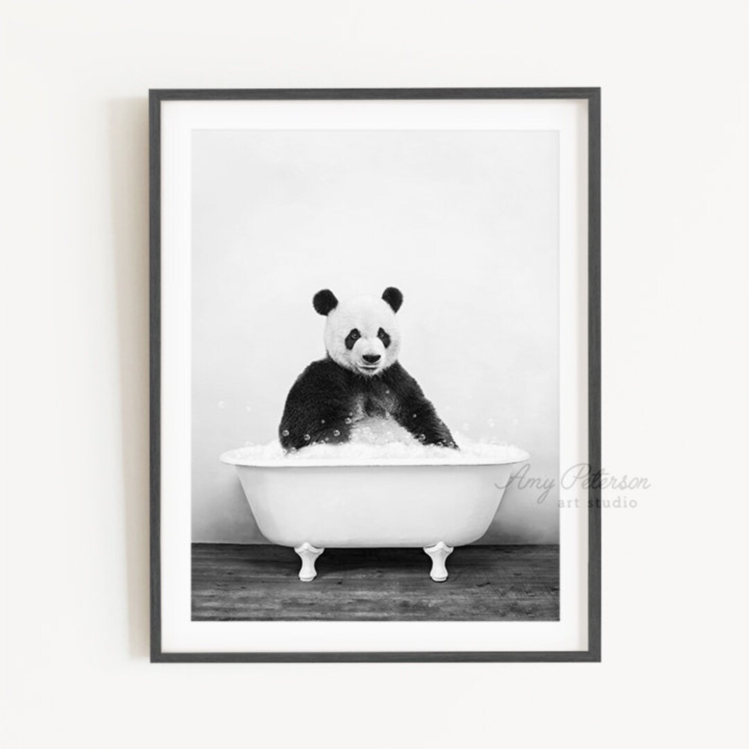 Panda in a Vintage Bathtub Rustic Bath Style in Black and - Etsy