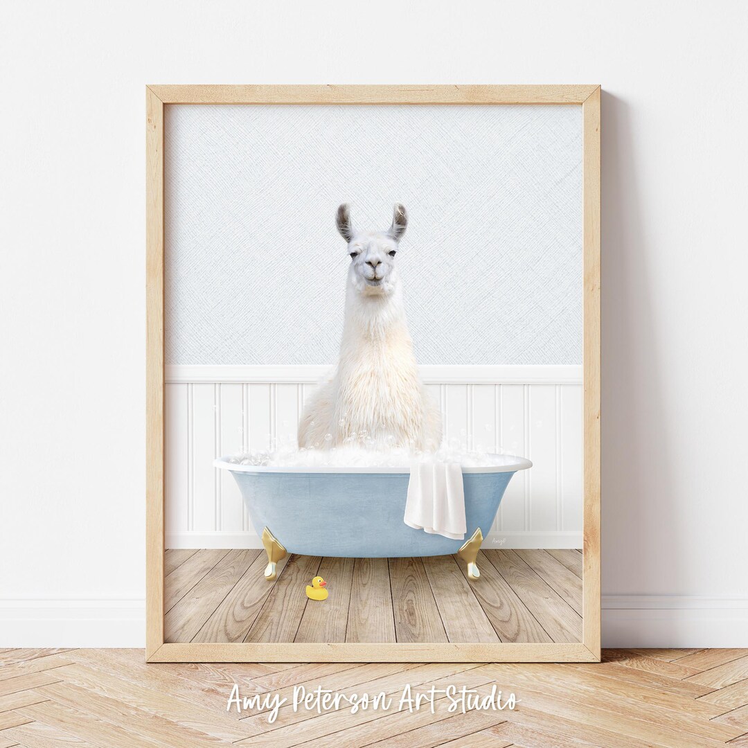 Llama in a Vintage Bathtub, Cottage Blue Bath Style, Llama in Tub ...