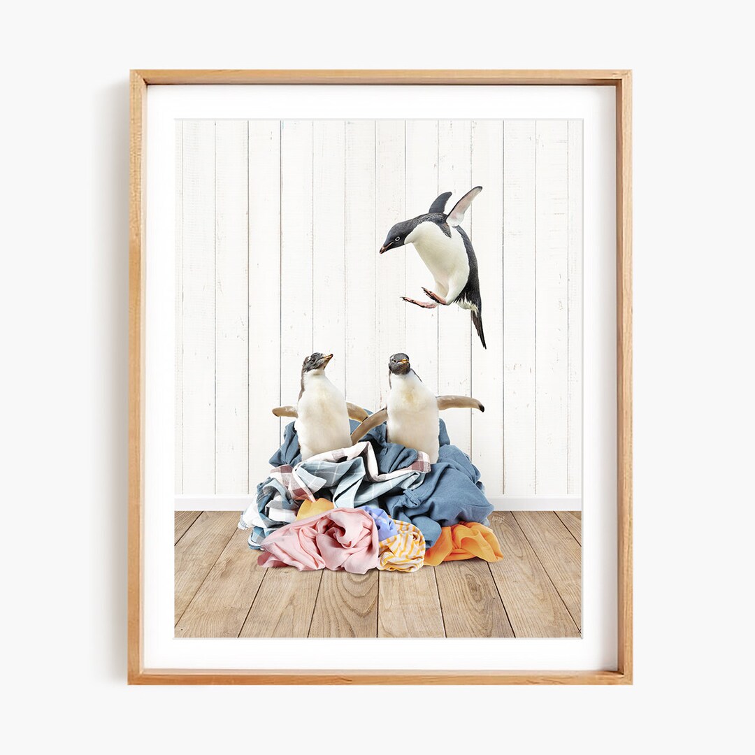 Penguins on Pile of Laundry in Farmhouse Style Animal Laundry - Etsy