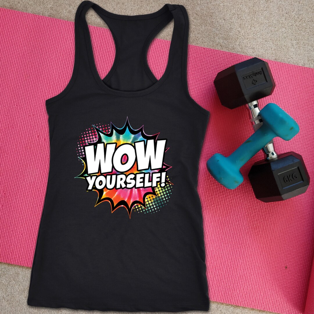 WOW Yourself! Let's Dance Workout Tank Womens Get up Tie Dye Comic Book ...