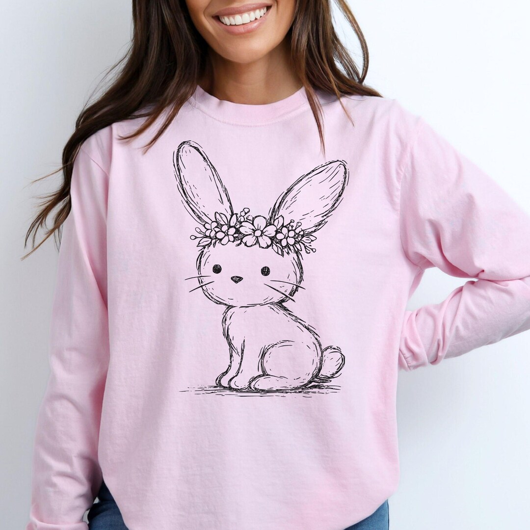 Floral Bunny Outline Long Sleeve Shirt, Easter Rabbit Graphic Tee ...