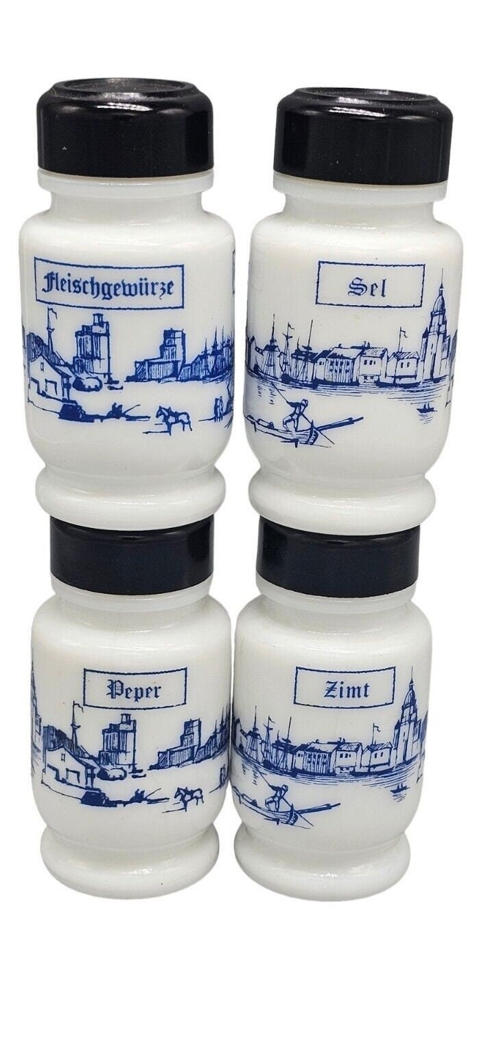 4 Vintage Belgian-dutch-delft Milk Glass Blue & White water Scene Spice ...