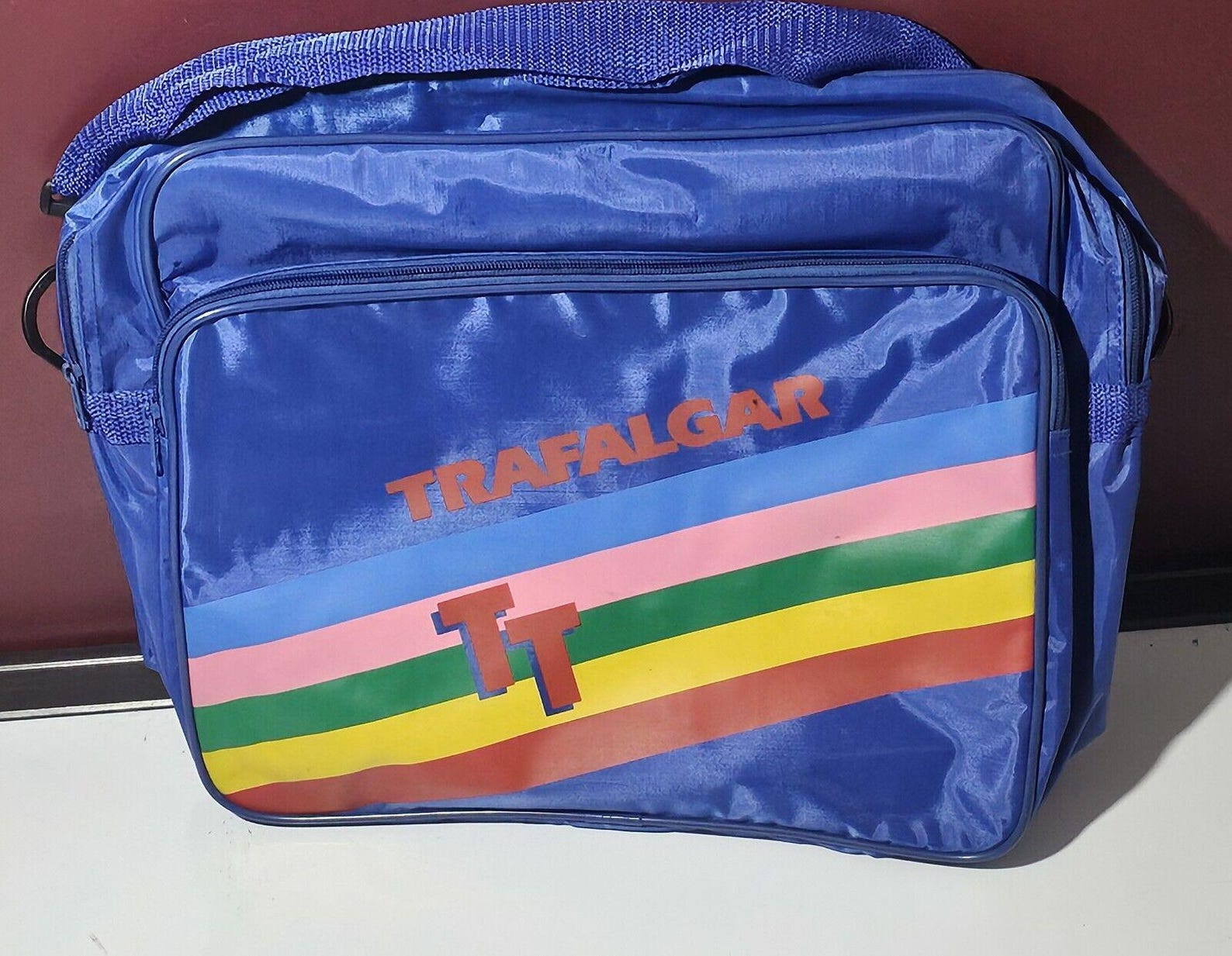 Vintage Trafalgar TT Luggage Bag Travel Carry on Blue Rainbow Stripe ...