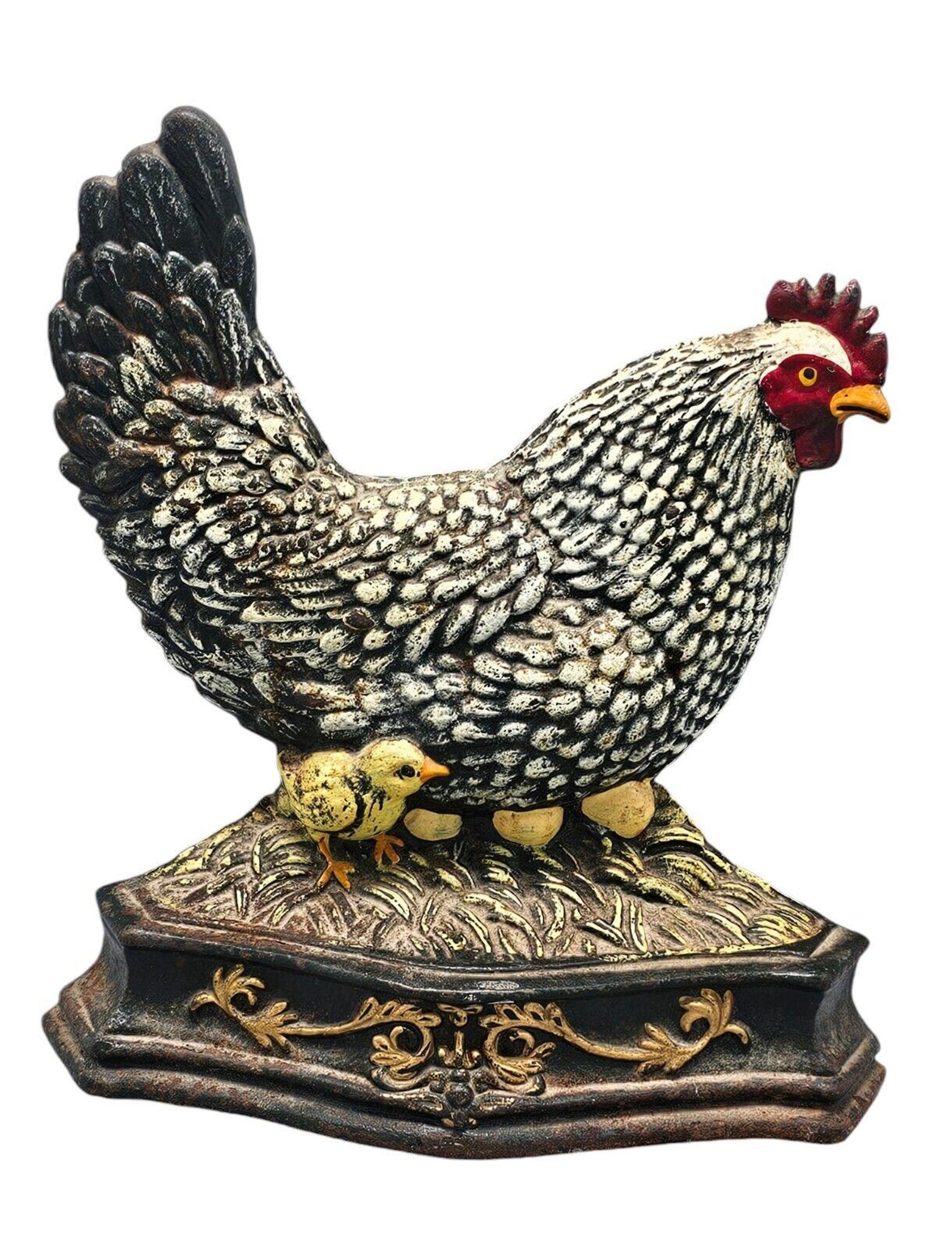 Vintage Cast Iron Chicken Hen With Baby Chick & Eggs Hand Painted ...