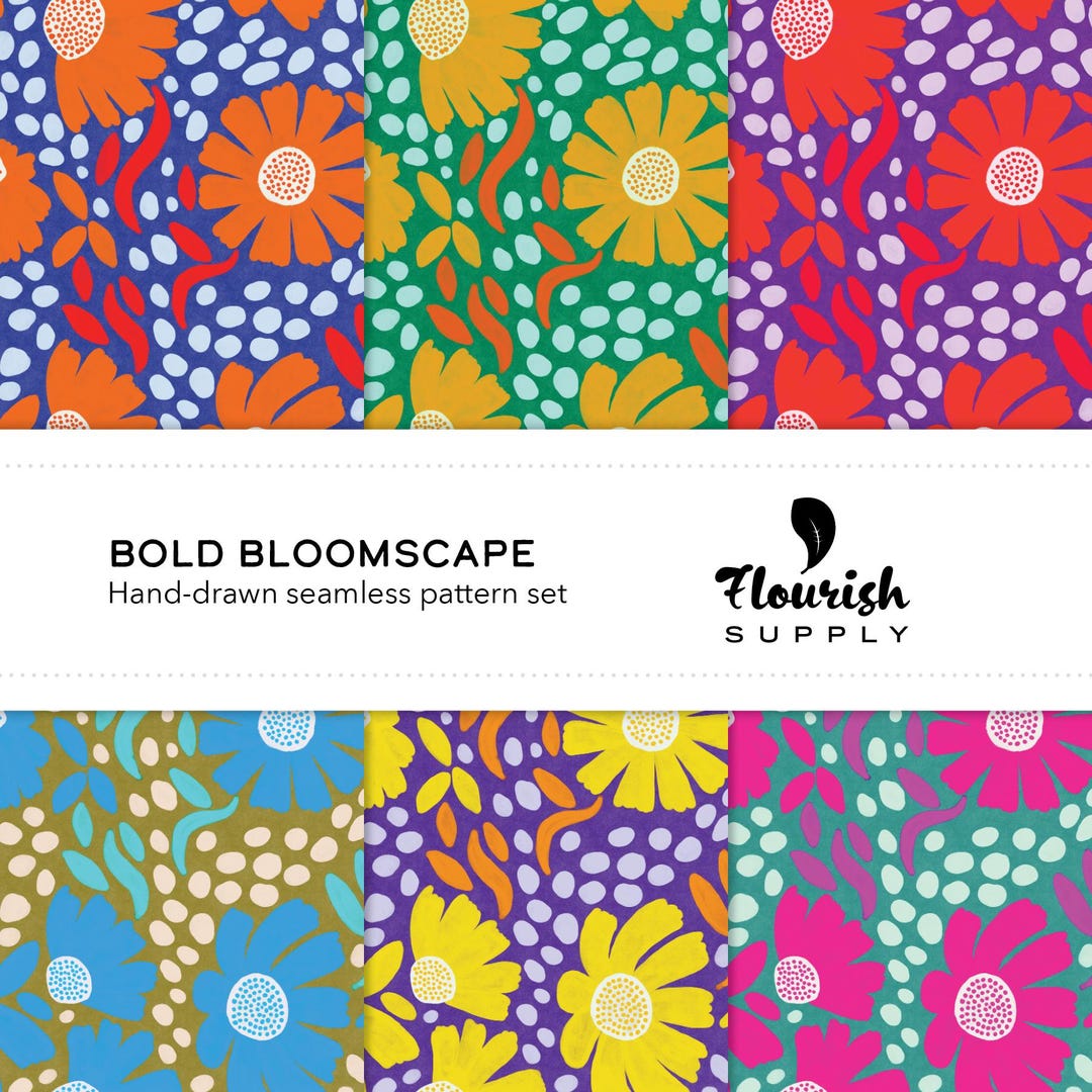 Bold Bloomscape – Hand-drawn Floral Digital Pattern Set | Bright Seamless Prints for ...