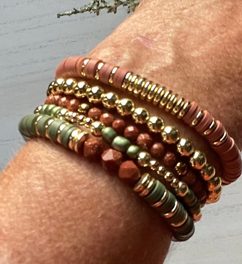 Goldstone Bead Bracelet Stack, Heishi Bead Bracelet Stack, Beaded Bracelet Stack, Boho Jewelry ...