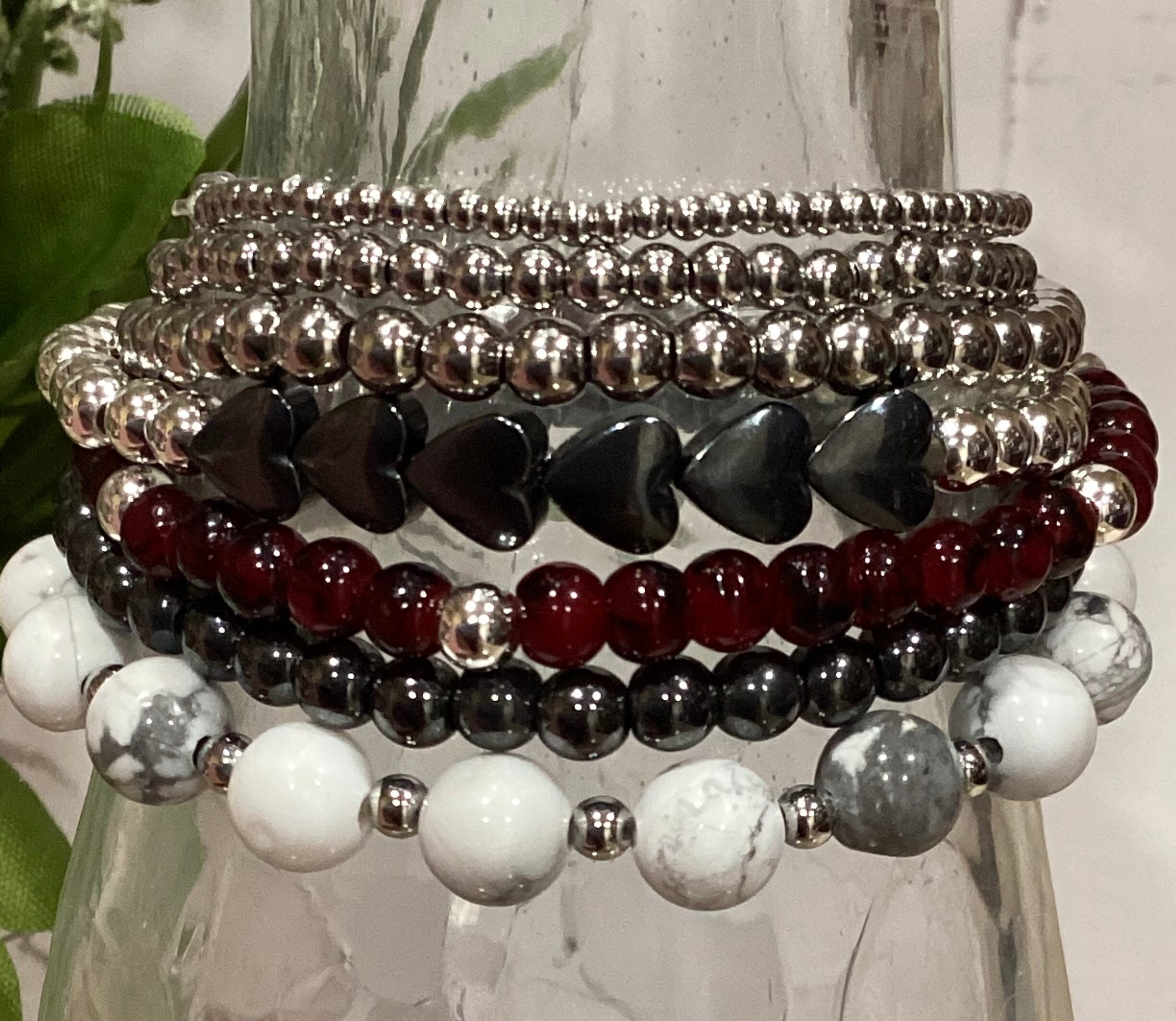 Elegant Heart Bracelet Stack, Heart Bracelet, Black Bracelet Stack ...