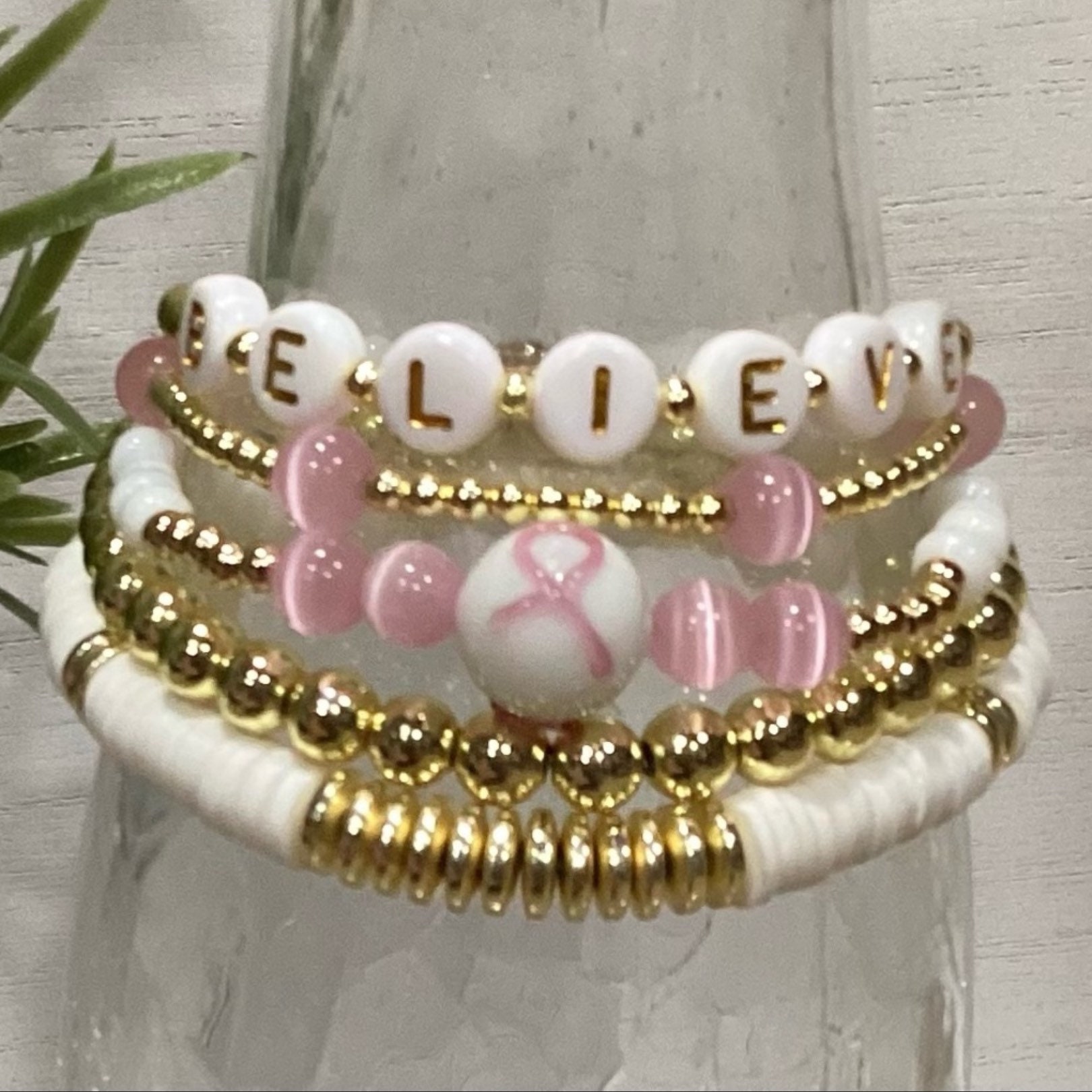 Breast Cancer Awareness Bracelet Stack, Heishi Bead, Personalized Word ...