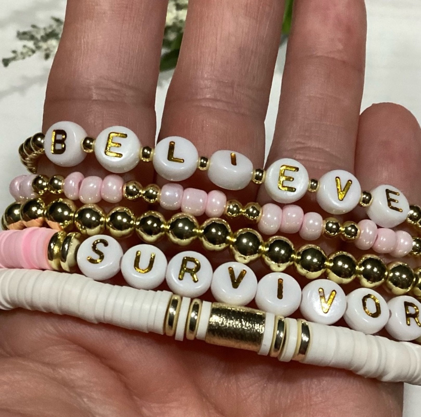 Breast Cancer Survivor Bracelet Stack, Heishi Bead Bracelet, Beaded ...