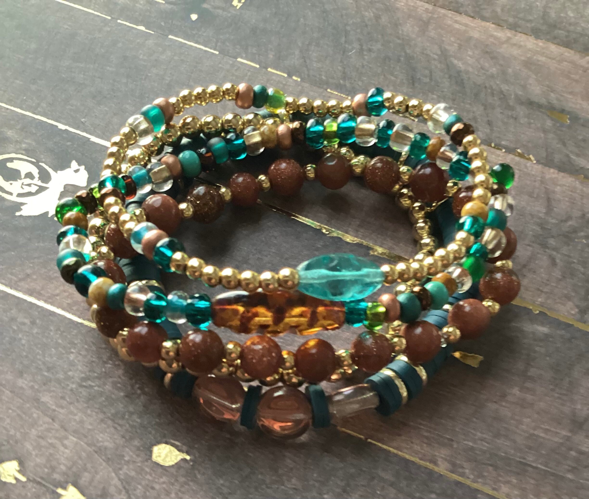 The Rainforest Bracelet Stack, Goldstone Bead Bracelet Stack, Heishi ...