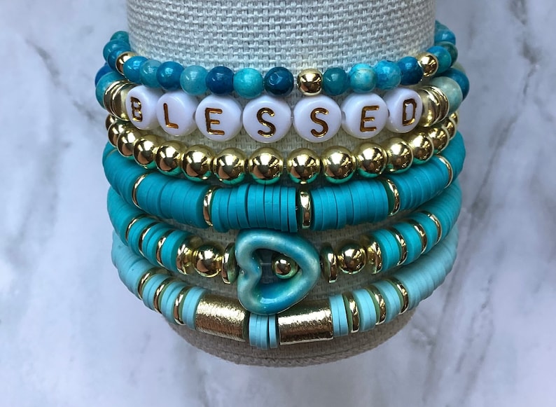 Bless Your Heart Bracelet Stack, Heishi Bead Bracelet Stack, Beaded Bracelet Stack, Personalized ...
